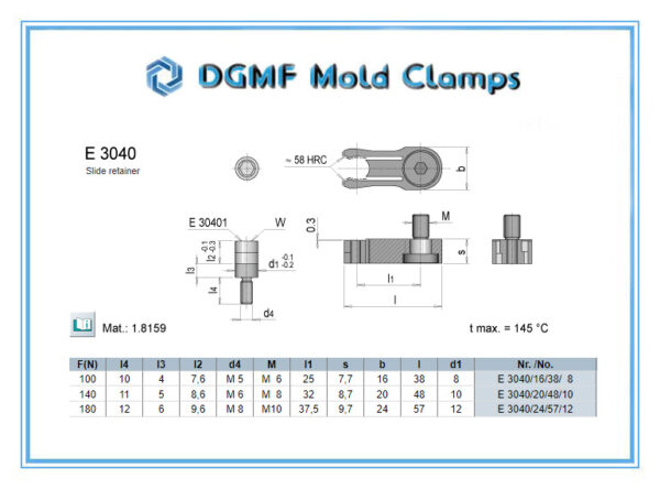 DGMF E 3040 Slide Retainer for Mold Making | DGMF Mold Clamps Manufacturer